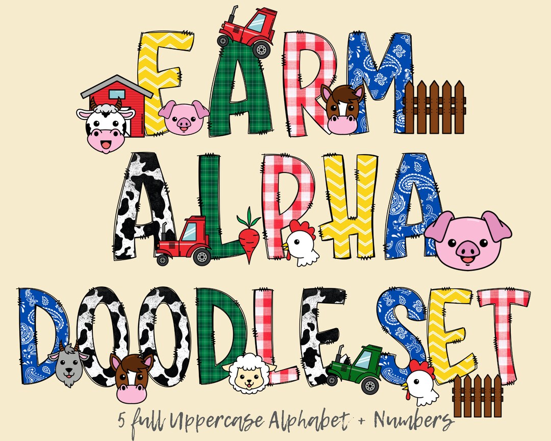 Farm Animal Doodle Letters With Clipart, Clipart Sublimation Pngs ...