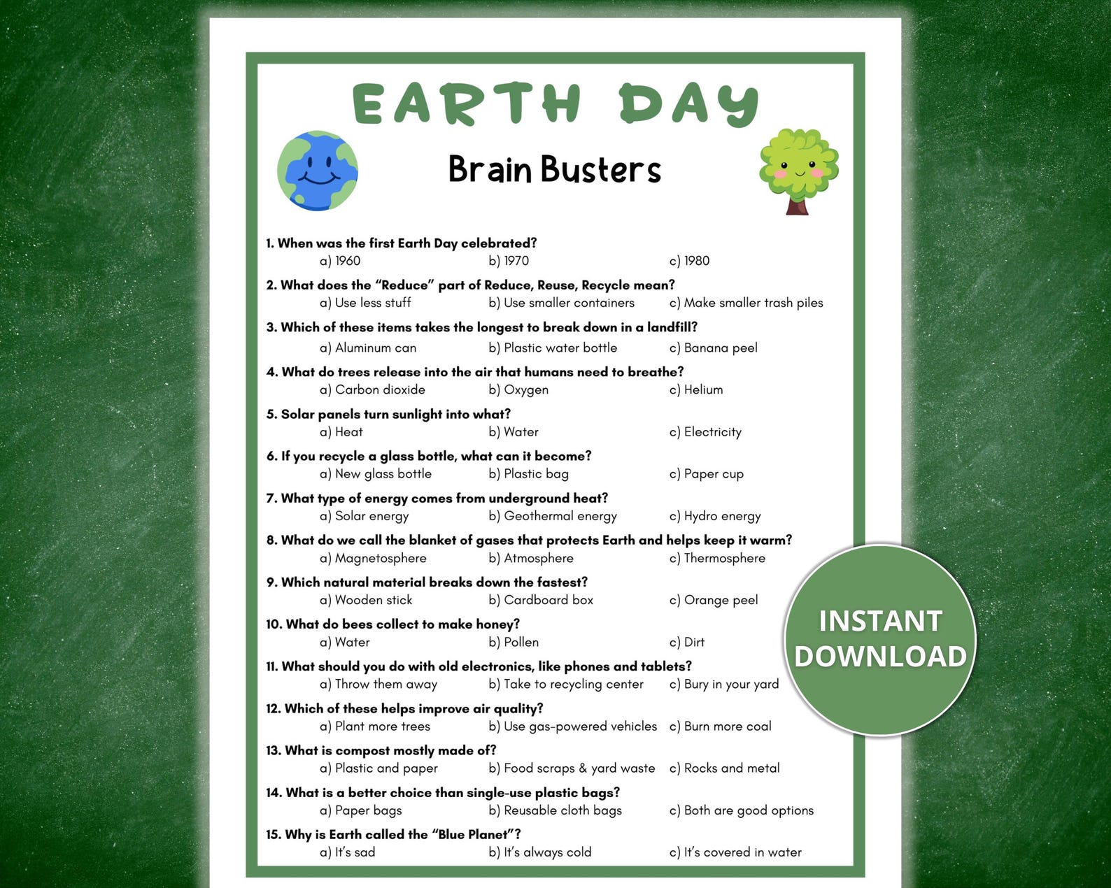 Earth Day Trivia Game Printable, Earth Day Activities for Kids, Earth ...