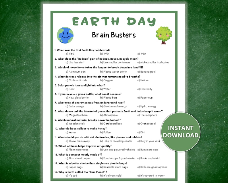 Earth Day Trivia Game Printable, Earth Day Activities for Kids, Earth ...