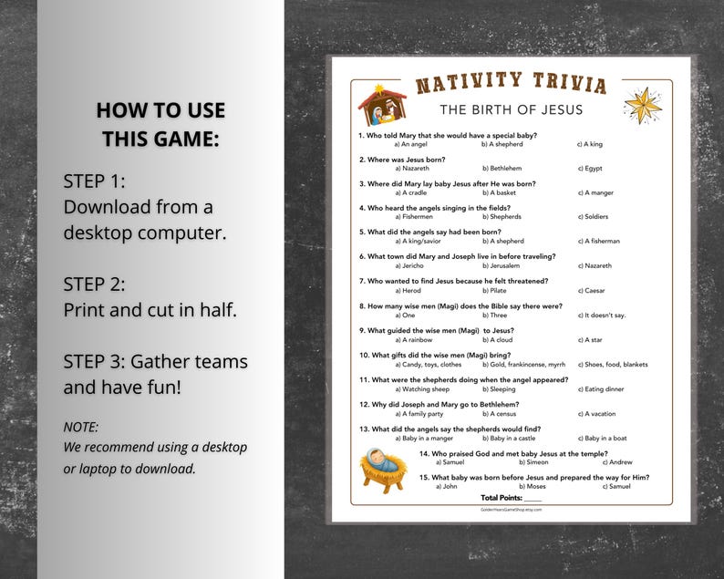 Nativity Trivia Game, Easy for Kids, Christmas Trivia Printable, Bible ...