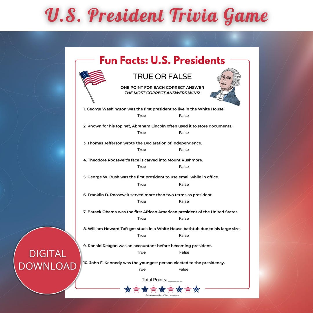 U.S. Presidents Trivia Game Classroom Activity Homeschool Worksheet ...