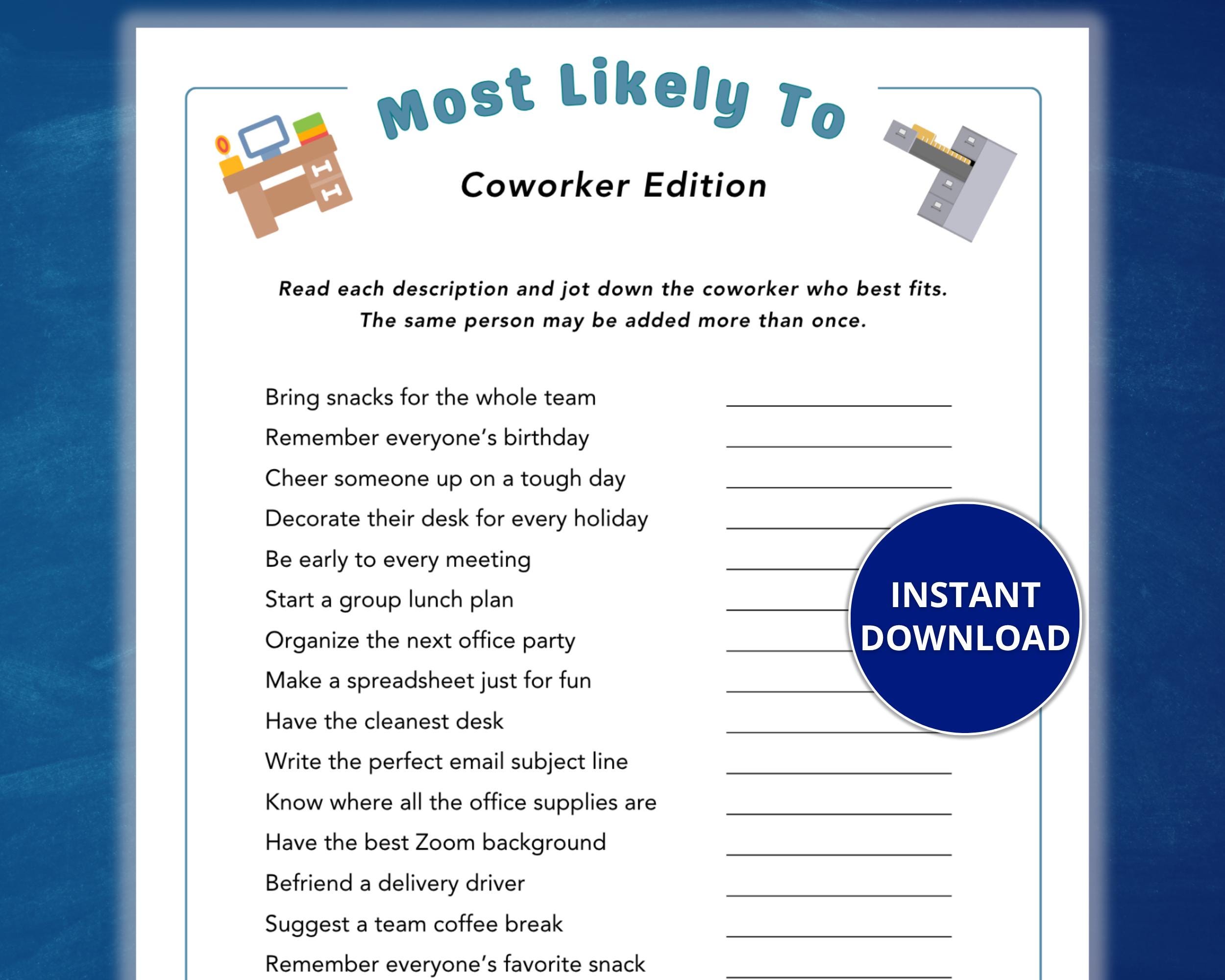 Staff Meeting Game – Printable Team Building Game With Coworker Most ...