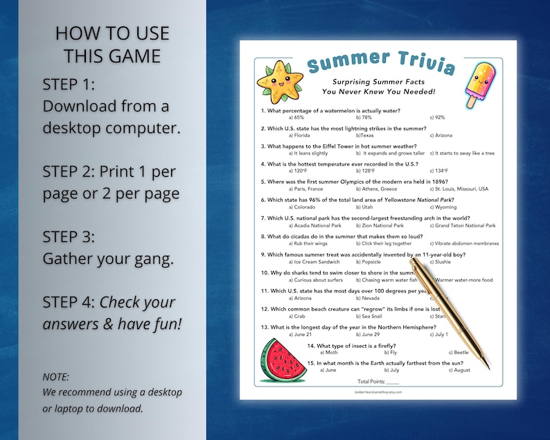 Summer Trivia Game, Questions for Kids, 4th of July Game, Summer ...