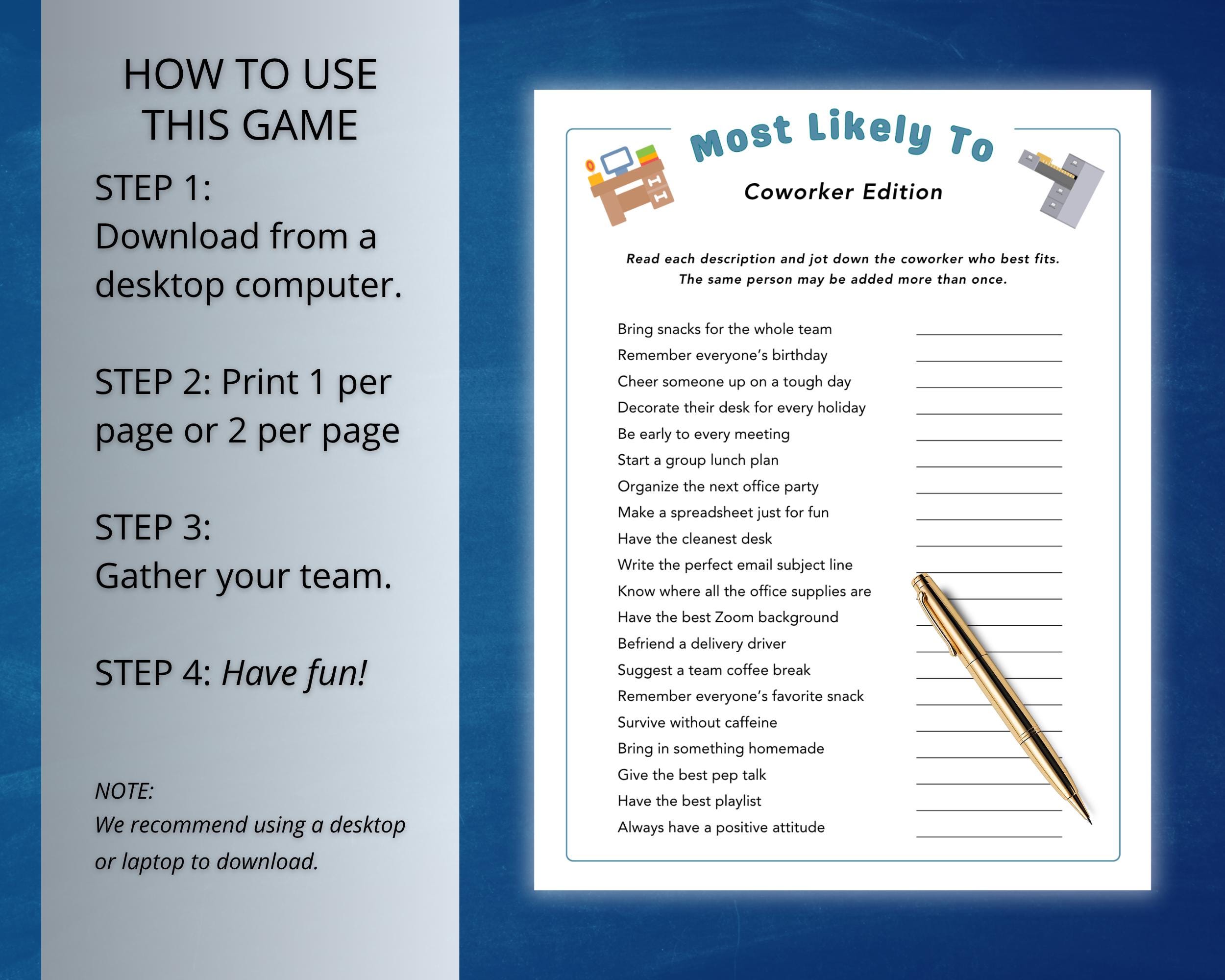 Staff Meeting Game – Printable Team Building Game With Coworker Most ...