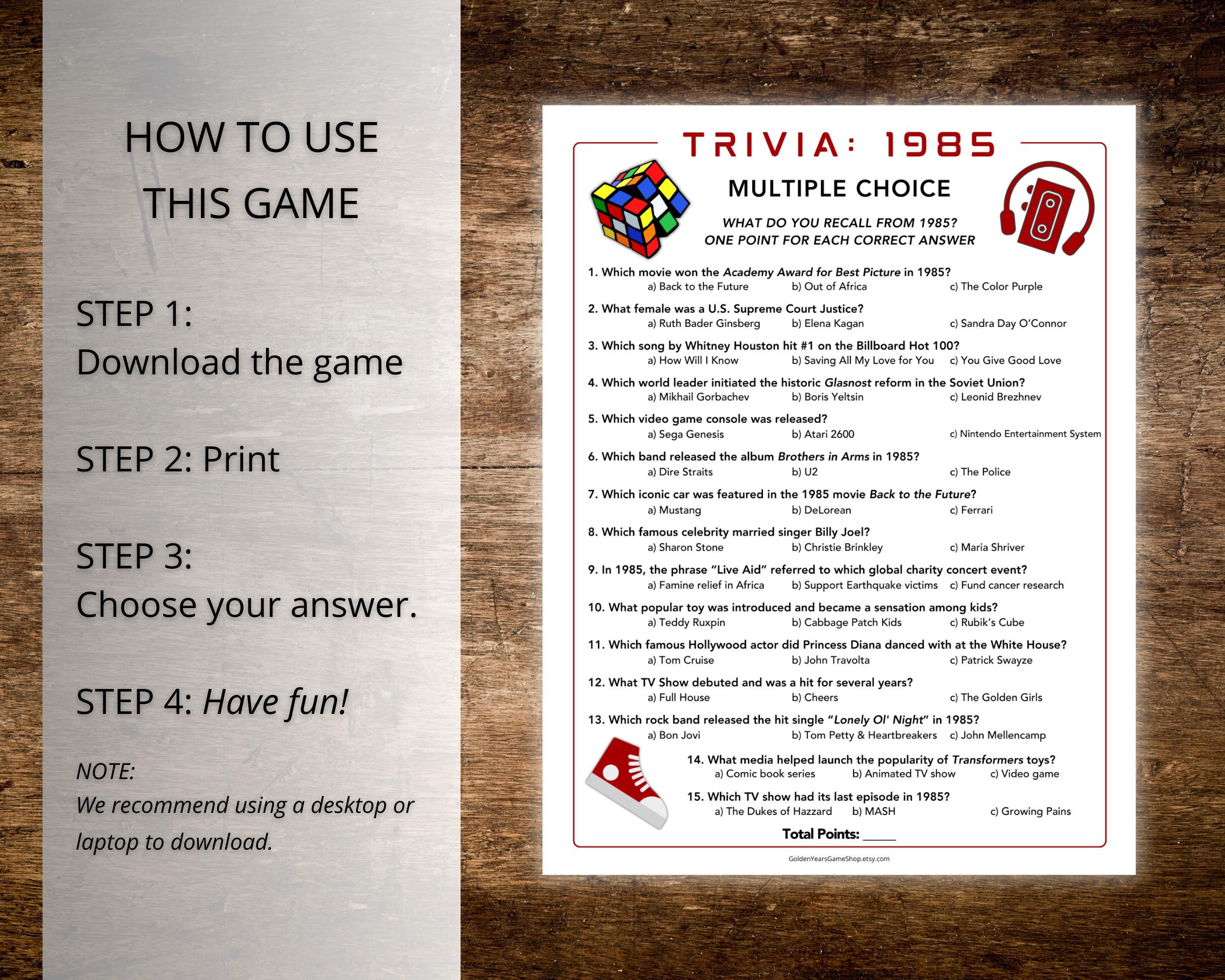 1985 Trivia Game, Born in 1985, 40 Year Reunion Game, 40th Birthday ...