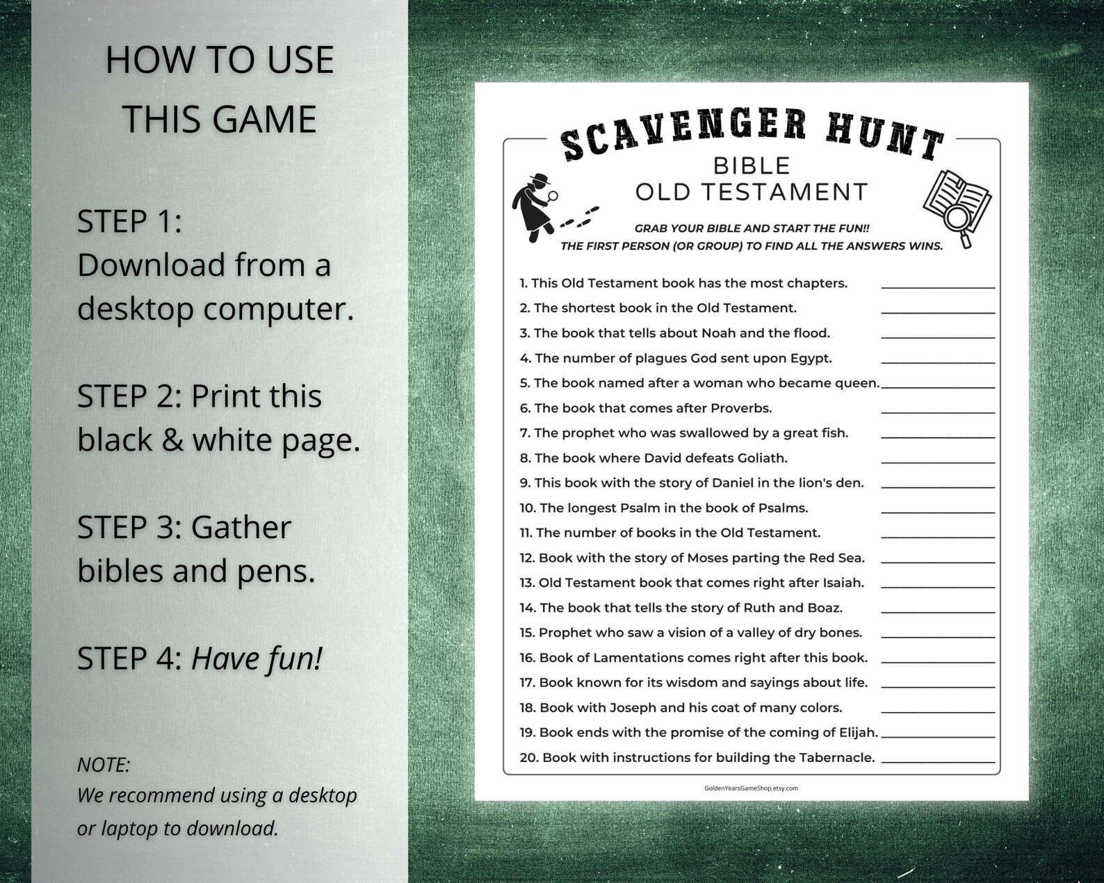 Bible Scavenger Hunt for the Old Testament, Sunday School Quiz, Church ...