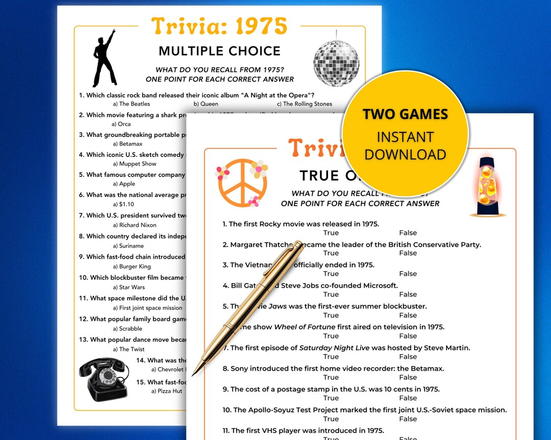 1975 Trivia Games, Born in 1975, 50 Year Reunion, 50th Birthday Game ...
