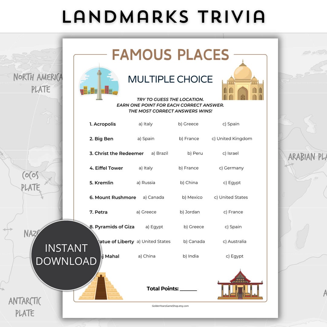 Famous Landmarks Trivia Game Homeschool Worksheet Family Reunion Games ...