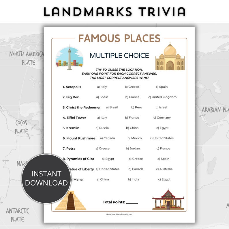 Famous Landmarks Trivia Game Homeschool Worksheet Family Reunion Games ...