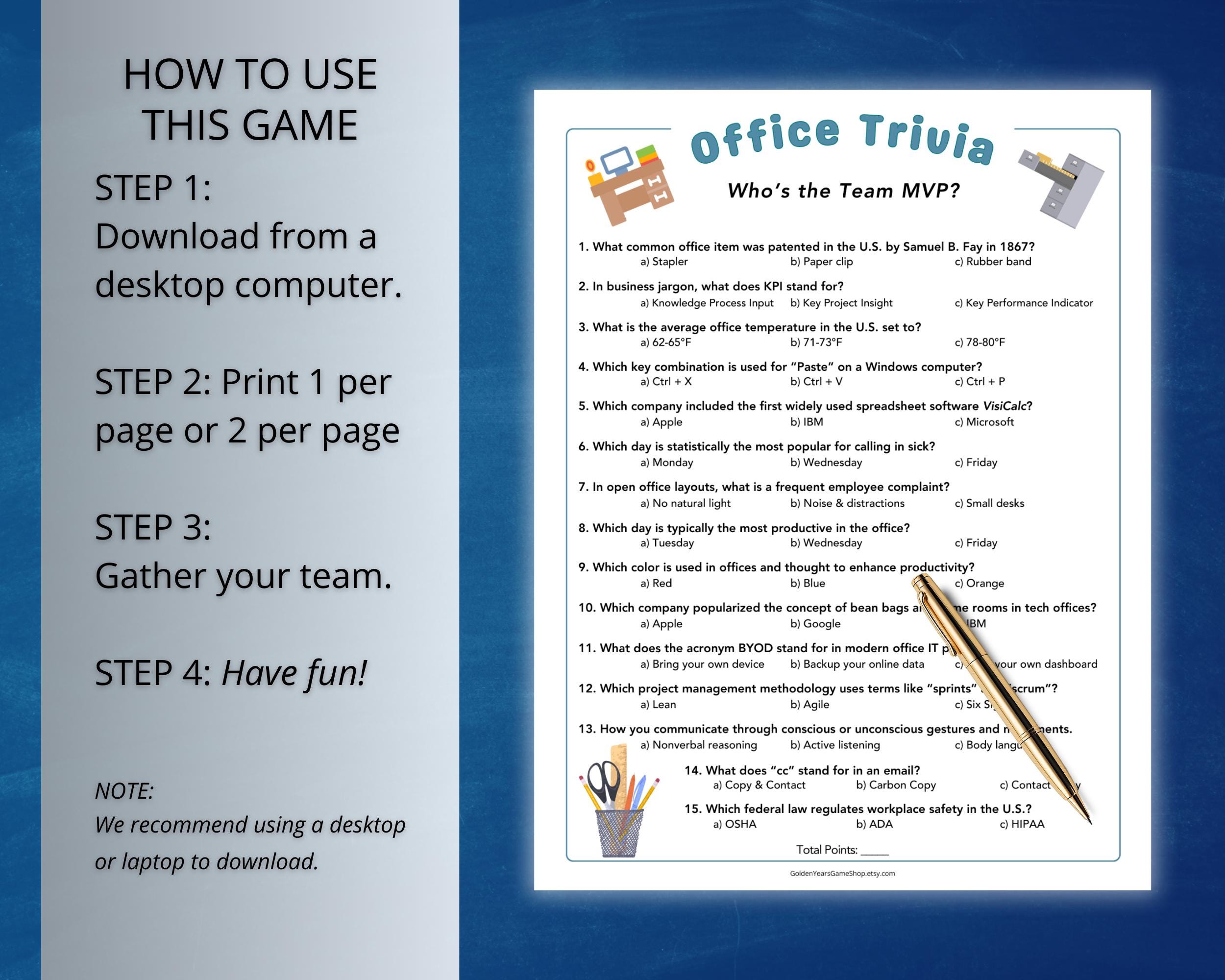 Office Trivia Game – Printable Team Building Game for Staff Meetings ...