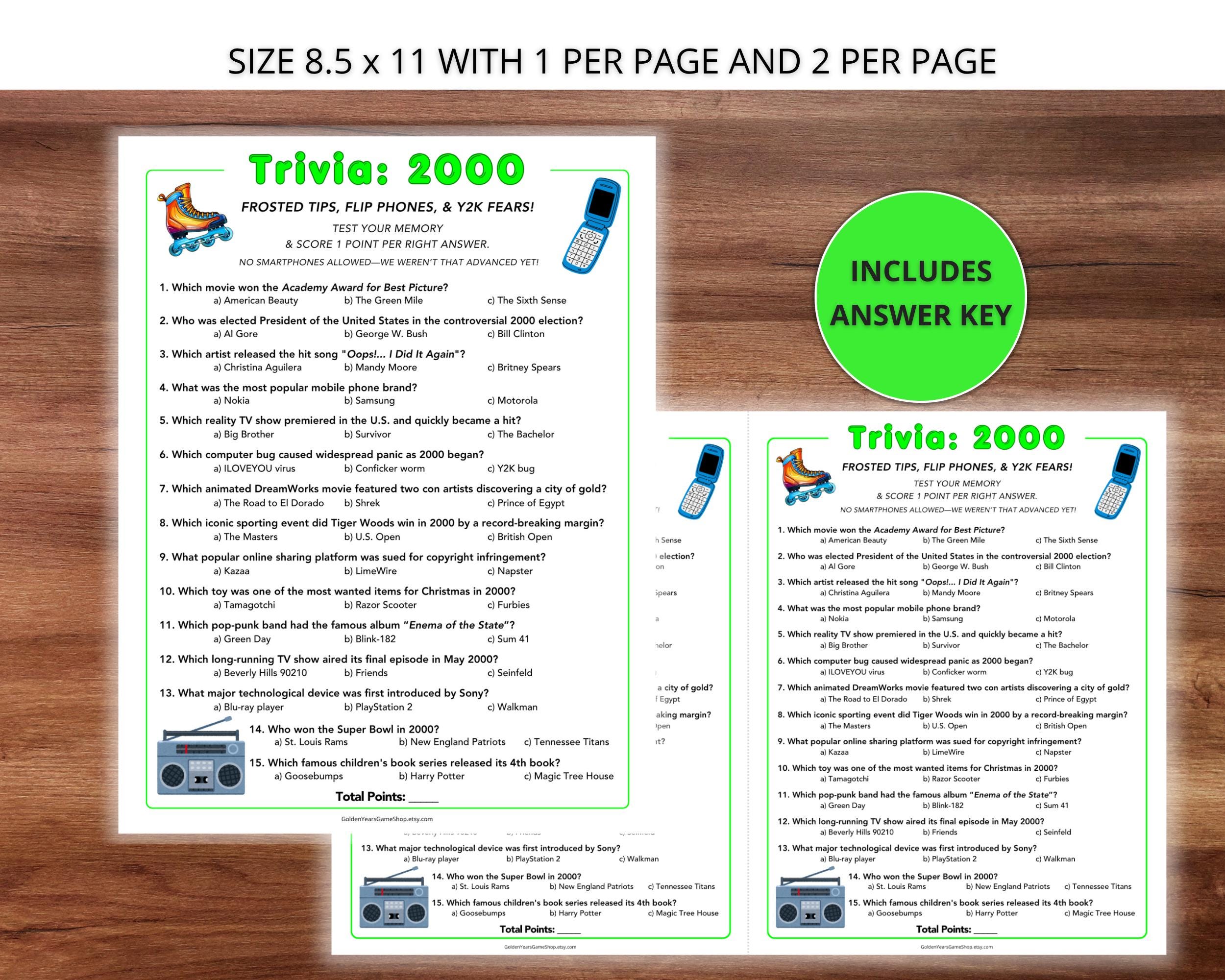 2000 Trivia Game, Y2K Game, 25th Birthday Game, 25 Year Reunion, Born ...