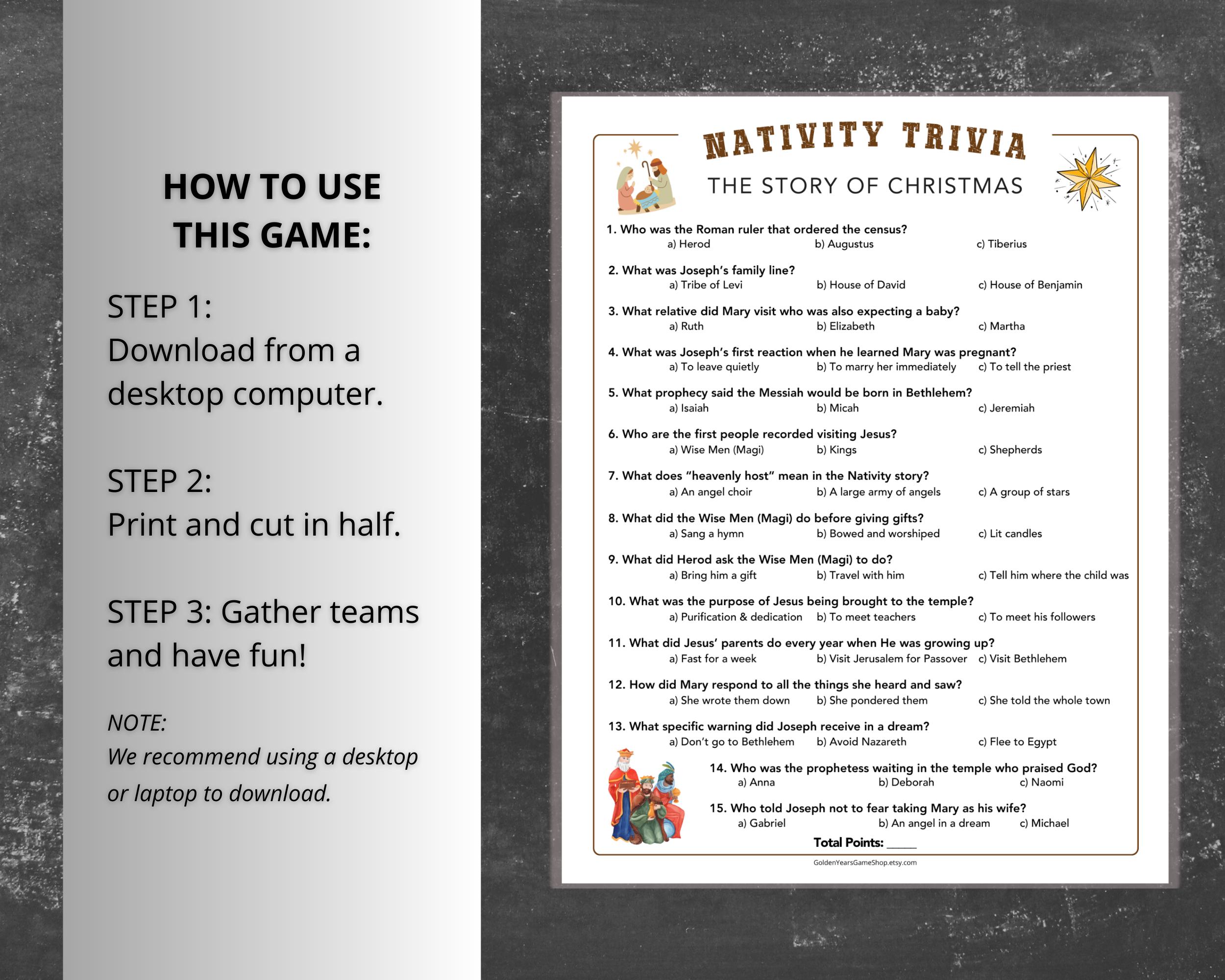Nativity Trivia Game, Christmas Bible Trivia for Older Kids & Adults ...