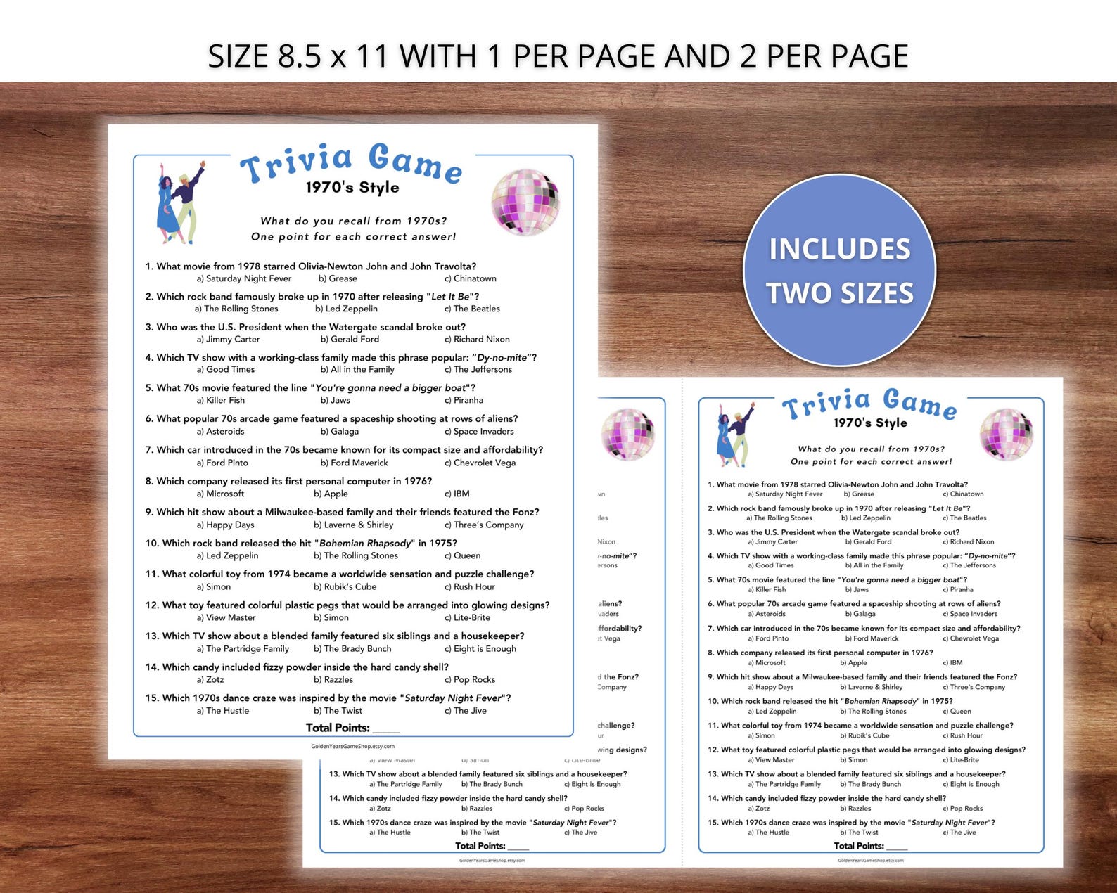 1970s Trivia Game, Class Reunion Game, 50th Birthday Game, 1970s Trivia ...