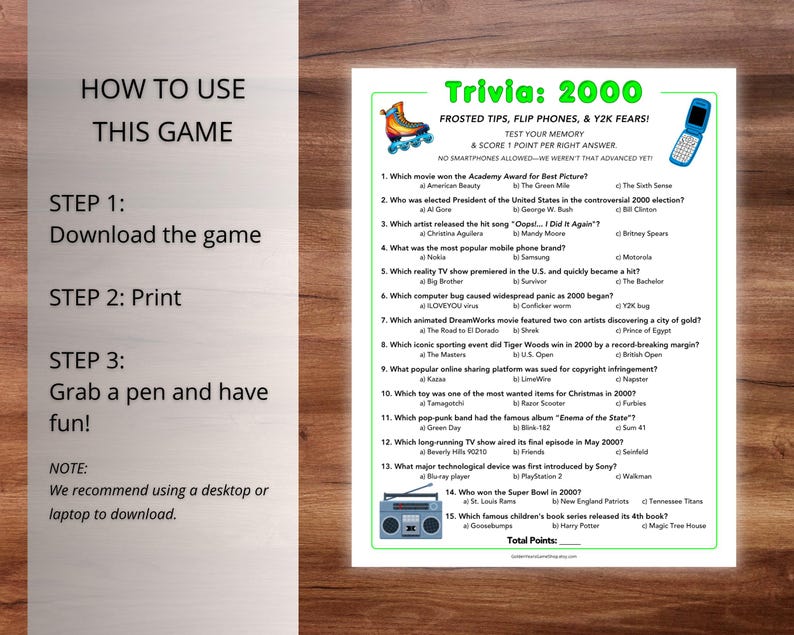 2000 Trivia Game, Y2K Game, 25th Birthday Game, 25 Year Reunion, Born ...