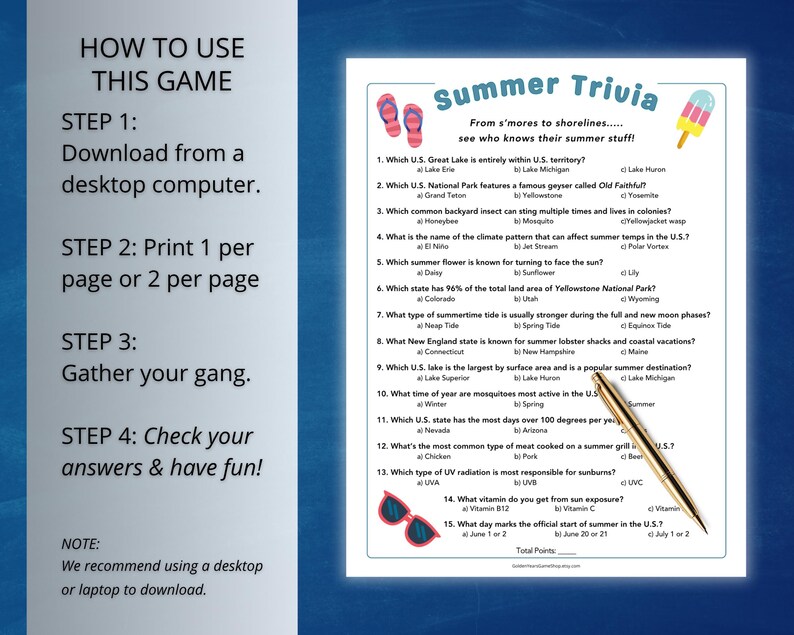 Summer Trivia Game, Summertime Trivia Questions, 4th of July Game ...