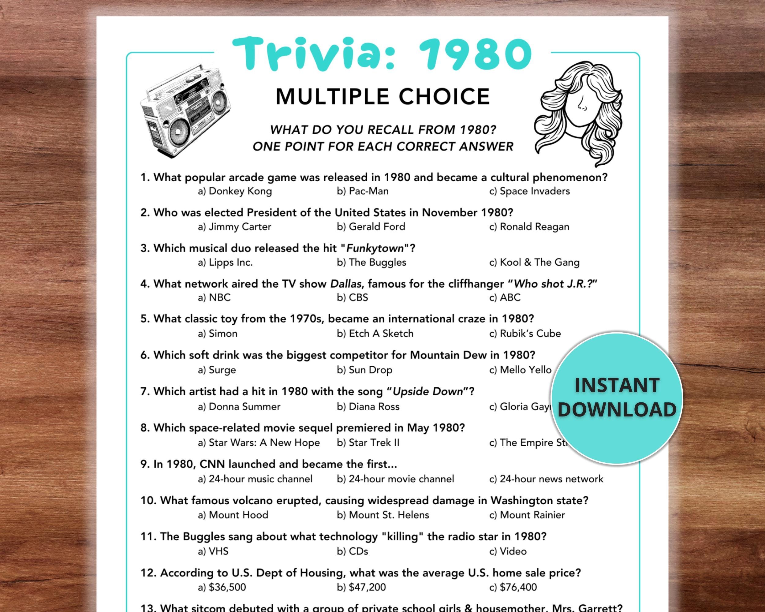 1980 Trivia Game, Born in 1980, 45 Year Reunion Game, 45th Birthday ...