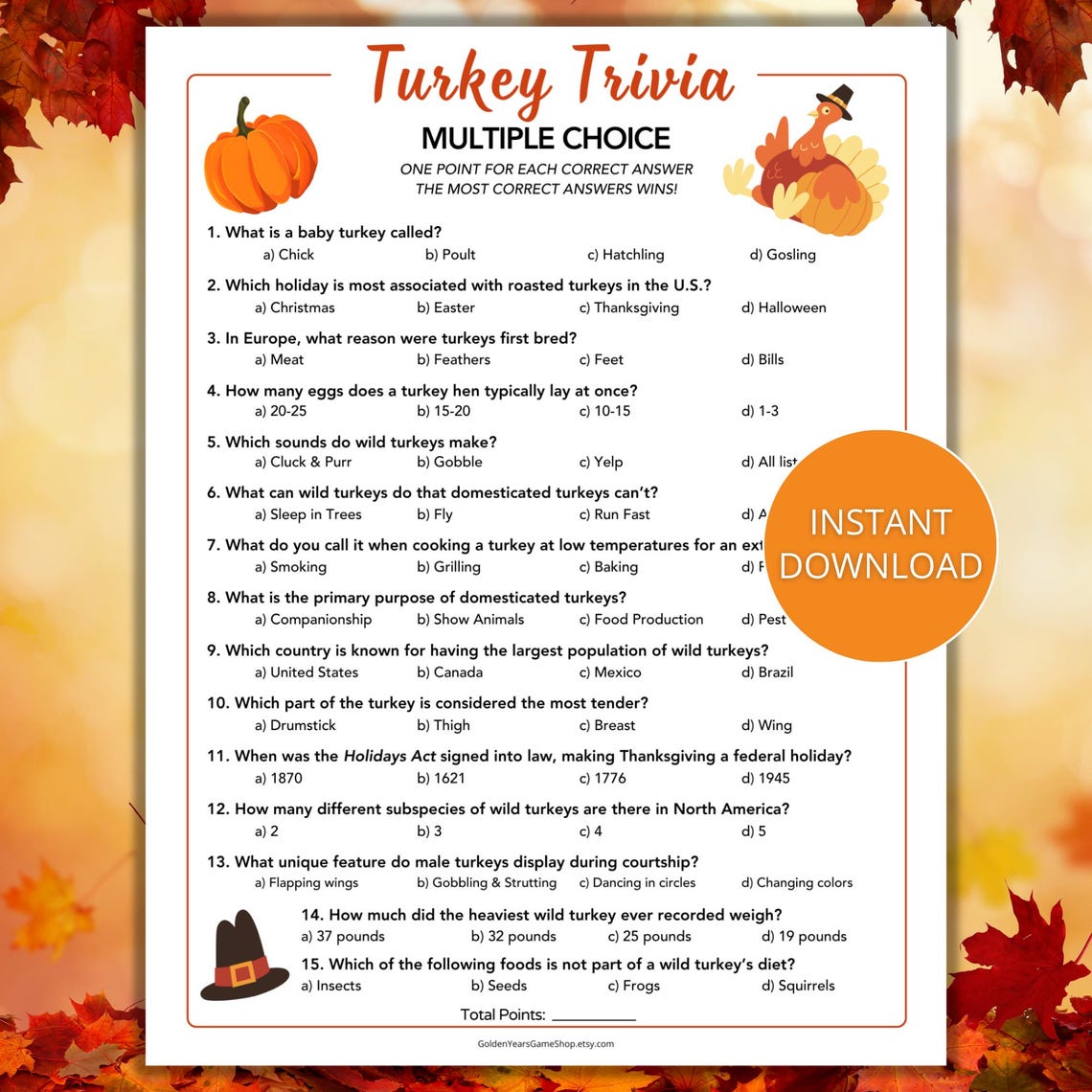 Turkey Trivia Game, Thanksgiving Game, Friendsgiving Party, Family ...