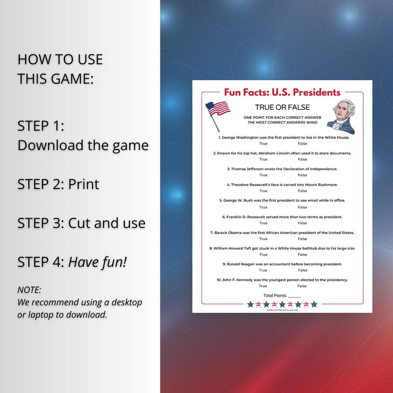 U.S. Presidents Trivia Game Kids Activity Homeschool Worksheet Family ...