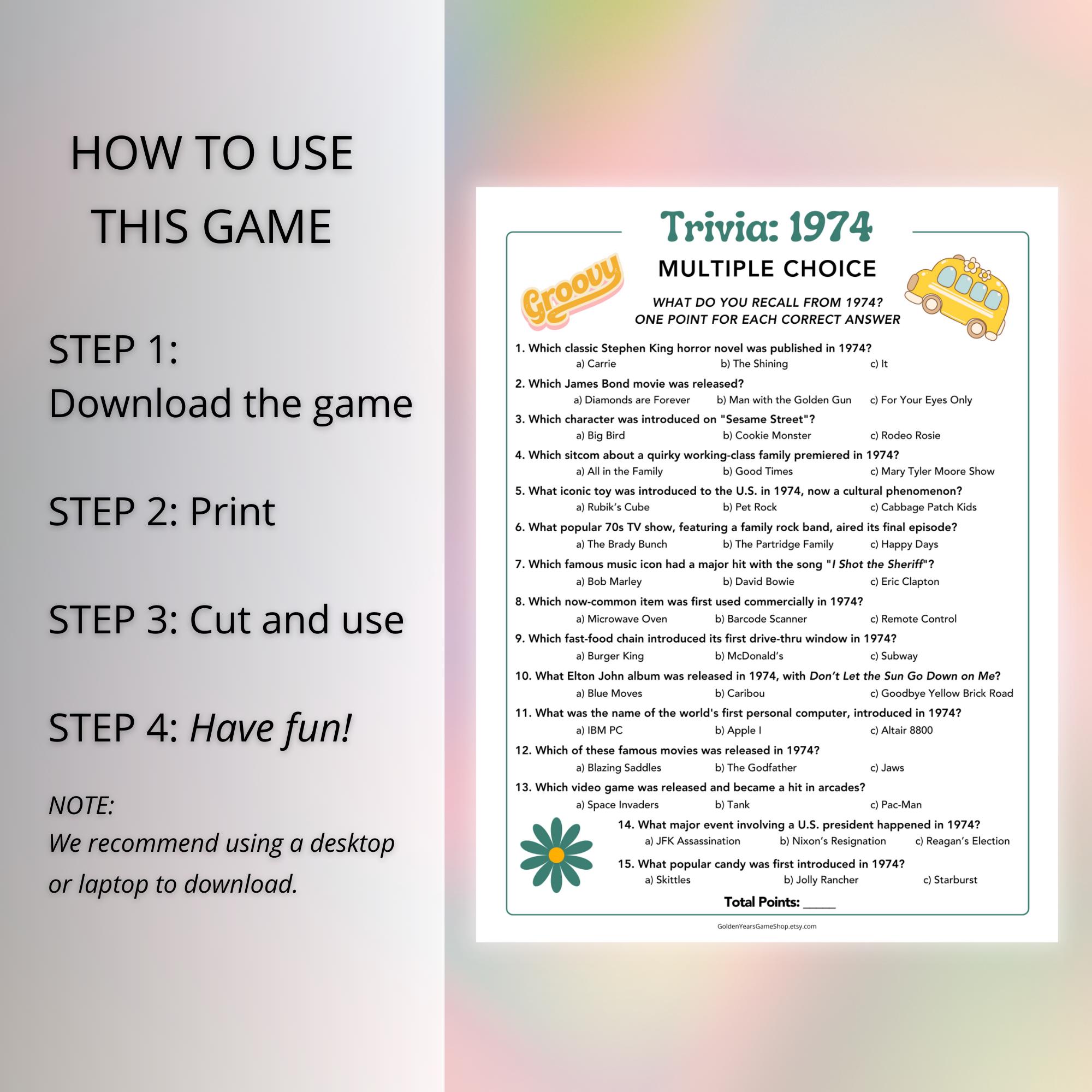 1974 Trivia Game, Born in 1974, 50 Year Reunion Game, 50th Birthday ...