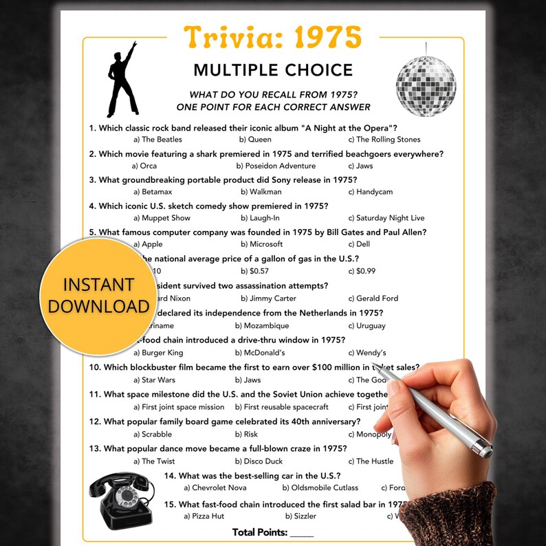 1975 Trivia Game, Born in 1975, 50 Year Reunion Game, 50th Birthday ...