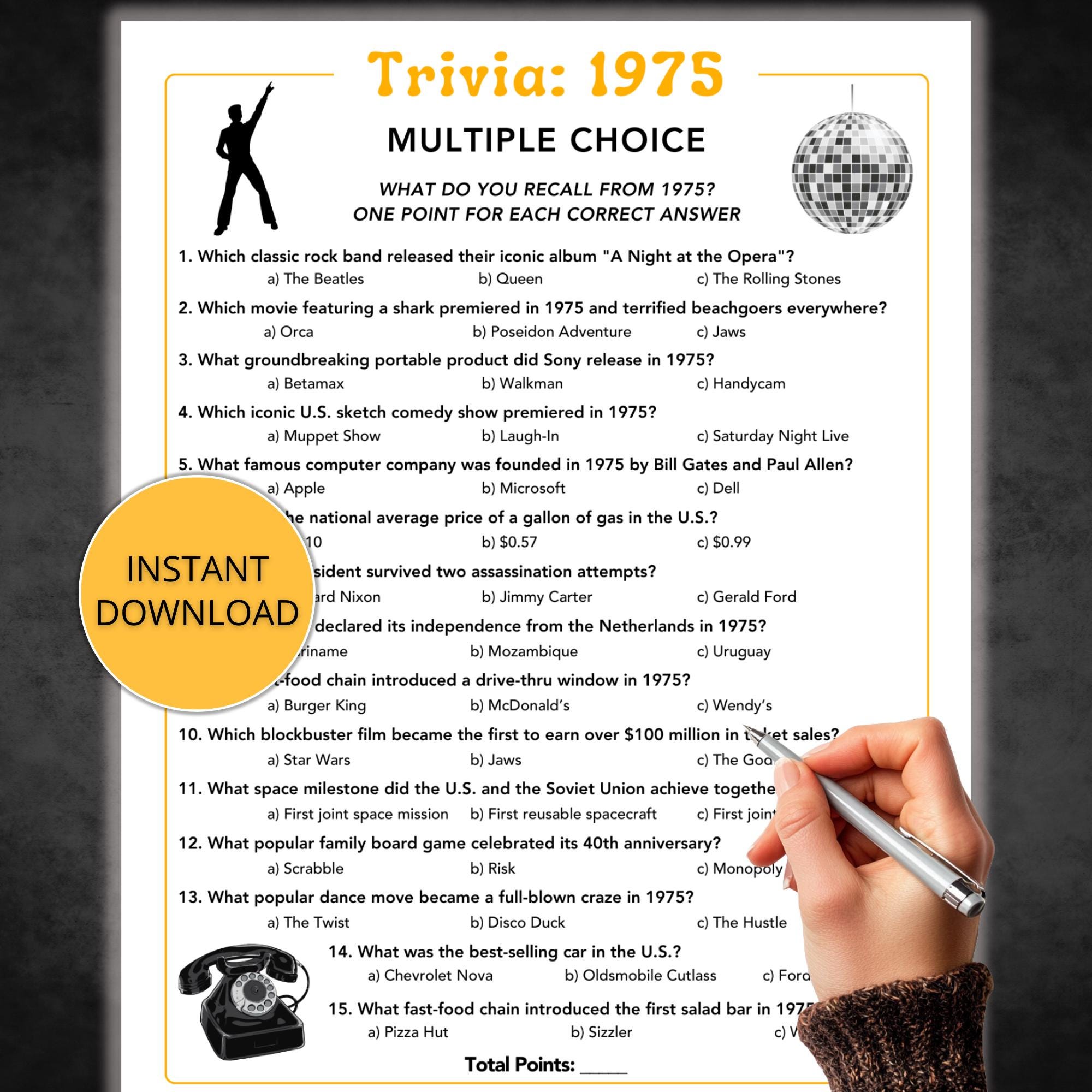 1975 Trivia Game, Born in 1975, 50 Year Reunion Game, 50th Birthday ...