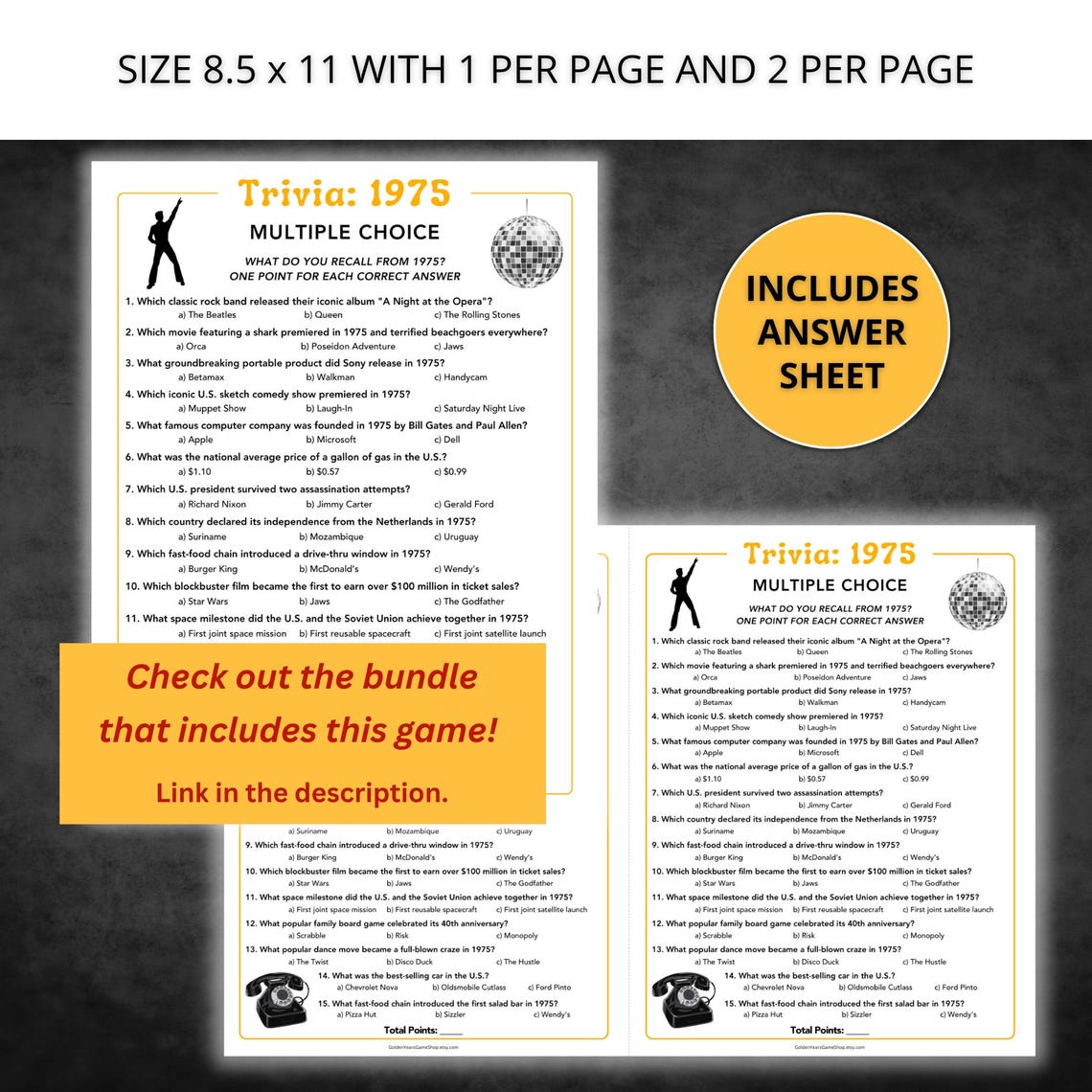 1975 Trivia Game, Born in 1975, 50 Year Reunion Game, 50th Birthday ...