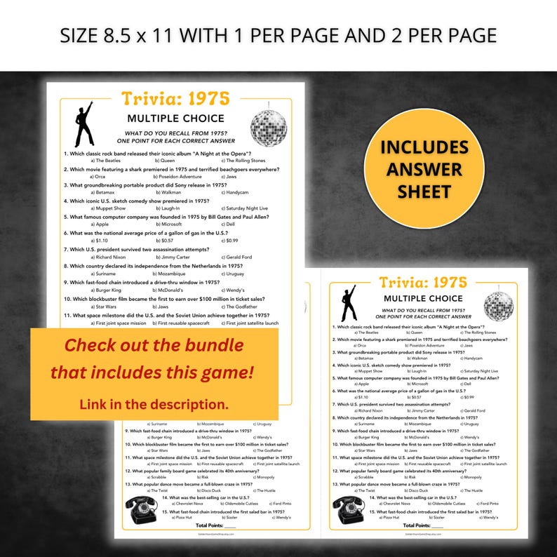 1975 Trivia Game, Born in 1975, 50 Year Reunion Game, 50th Birthday ...