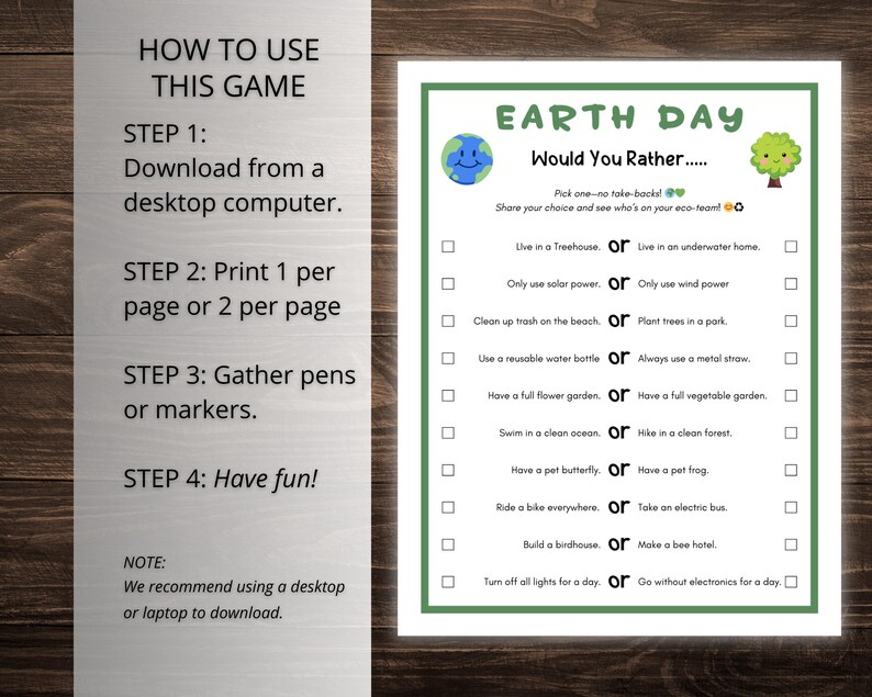 Earth Day Would You Rather Game, Earth Day Activities, Printable Earth ...