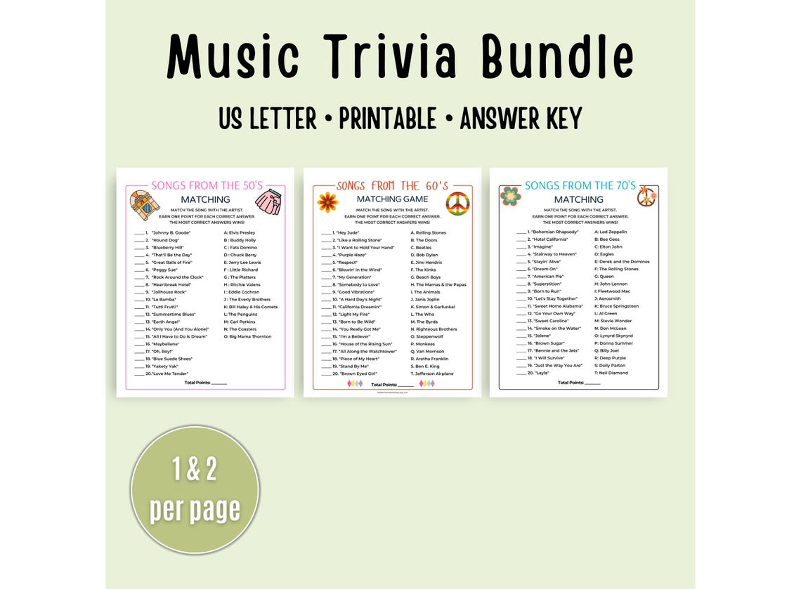 Music Memory Matching Games Bundle Trivia Game Family Reunion Game ...