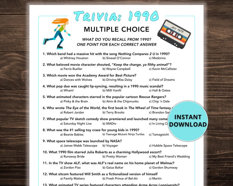1990 Trivia Game, Born in 1990, 35 Year Reunion Game, 35th Birthday ...