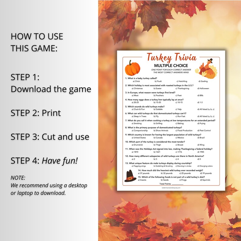Turkey Trivia Game, Thanksgiving Game, Friendsgiving Party, Family ...