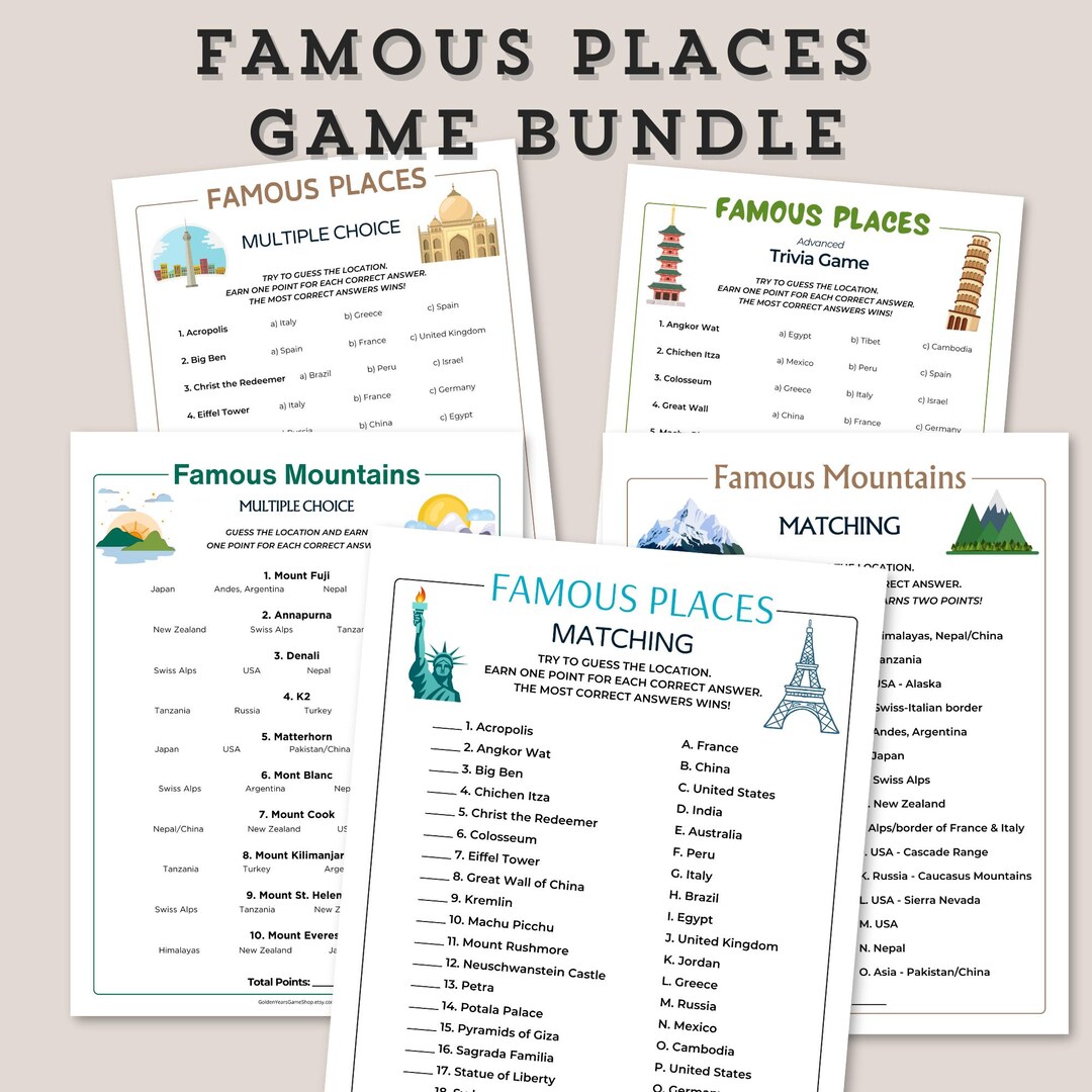 Famous Places Trivia Game; Matching Game; Games for Seniors, Classroom ...