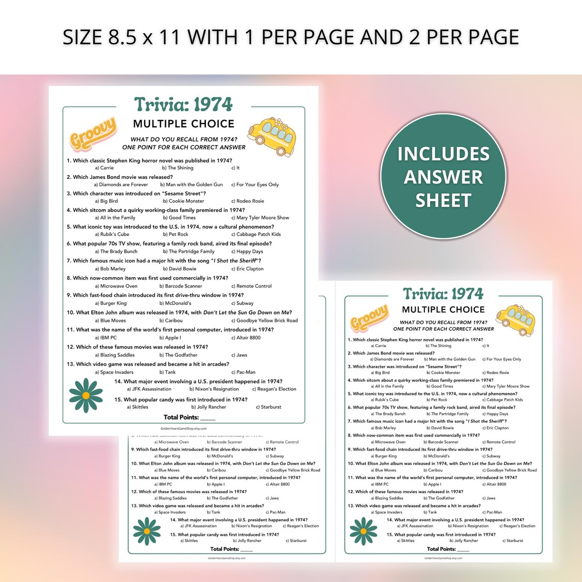 1974 Trivia Game, Born in 1974, 50 Year Reunion Game, 50th Birthday ...