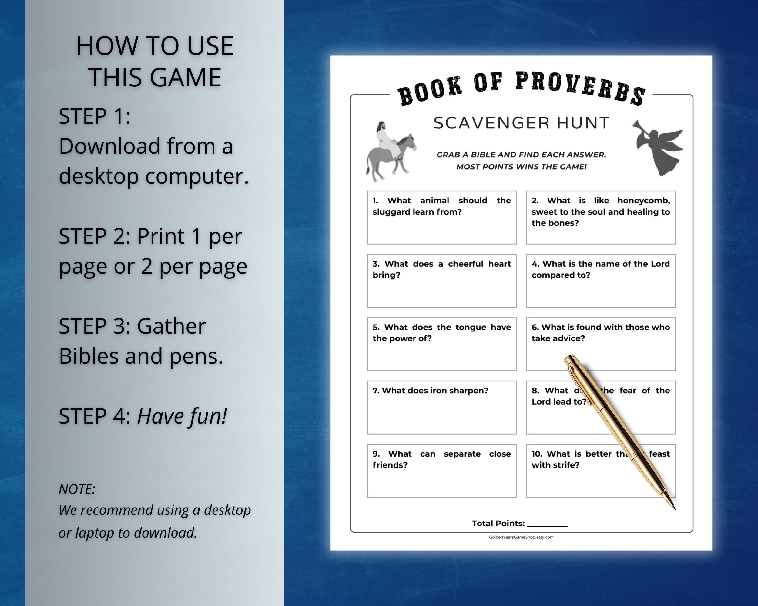 Book of Proverbs Scavenger Hunt Game – Printable Bible Study Games ...
