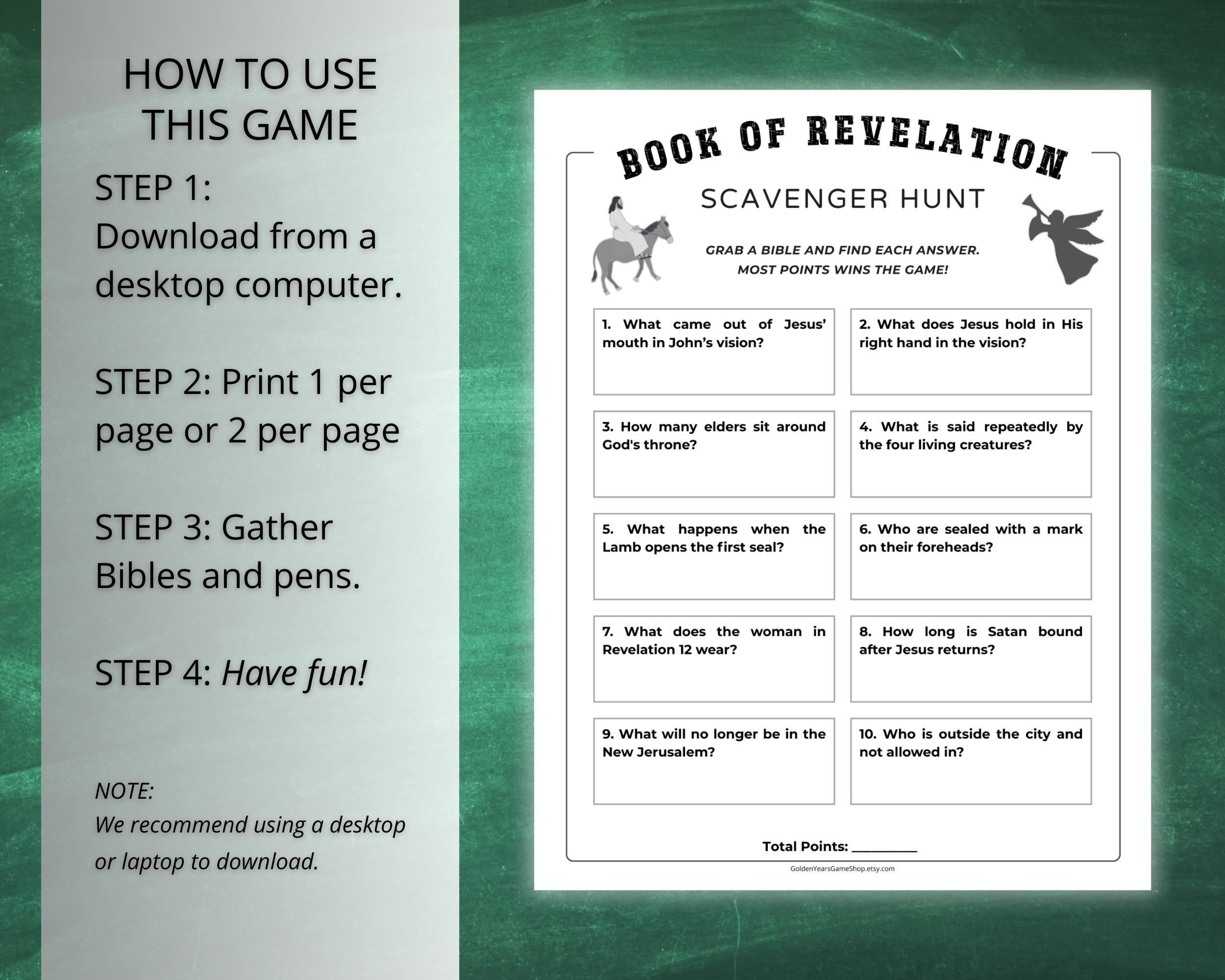 Book of Revelation Scavenger Hunt – Printable Bible Study Games, Bible ...