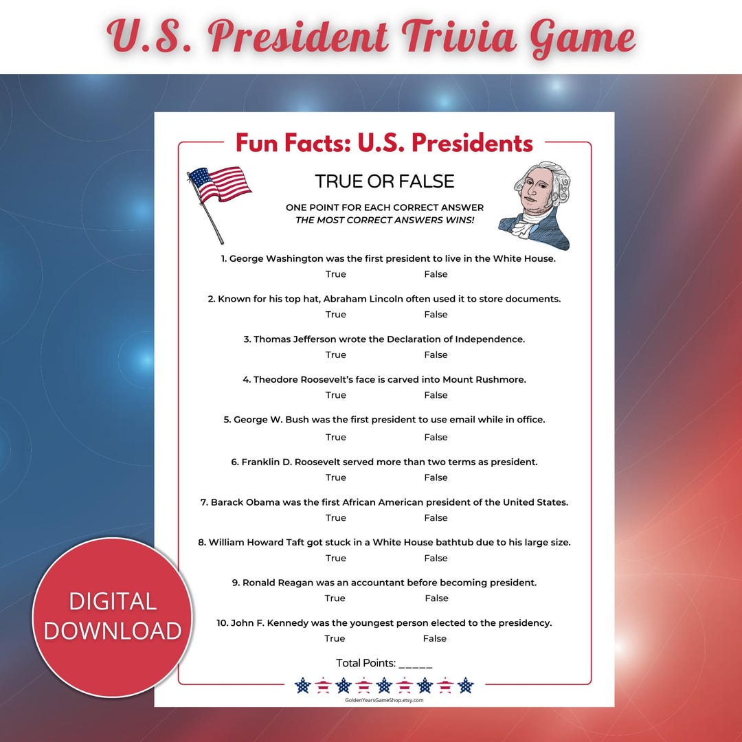 U.S. Presidents Trivia Game Kids Activity Homeschool Worksheet Family ...