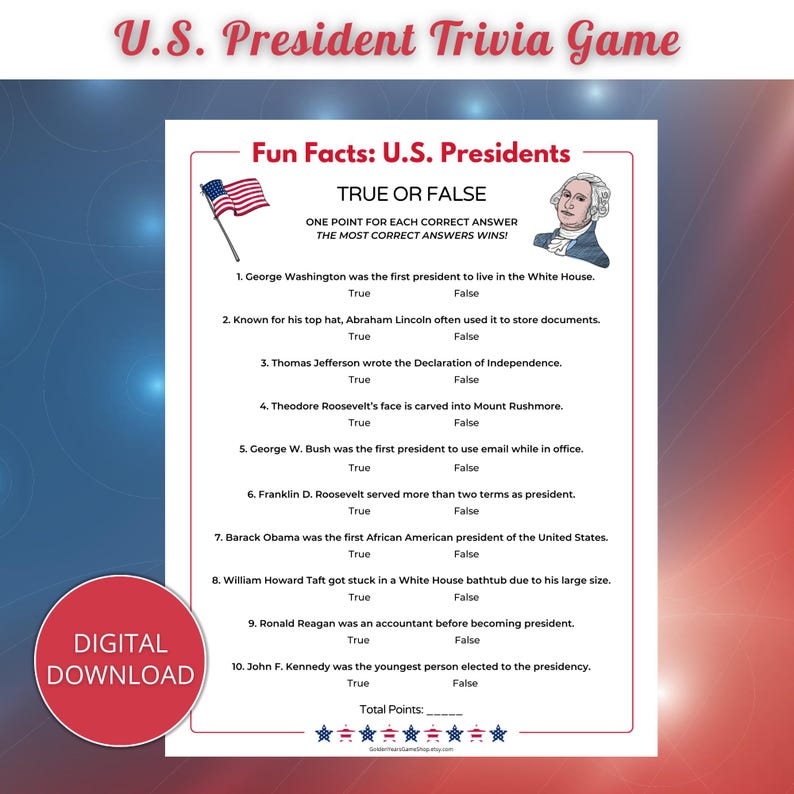U.S. Presidents Trivia Game Kids Activity Homeschool Worksheet Family ...