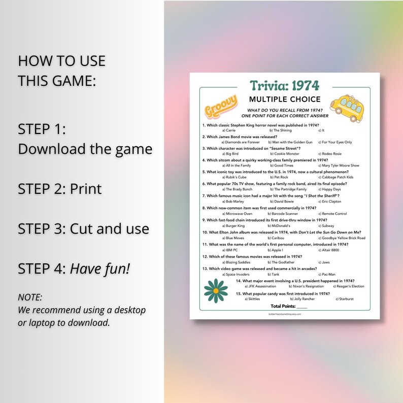 1974 Trivia Game, Born in 1974, 50 Year Reunion Game, 50th Birthday ...
