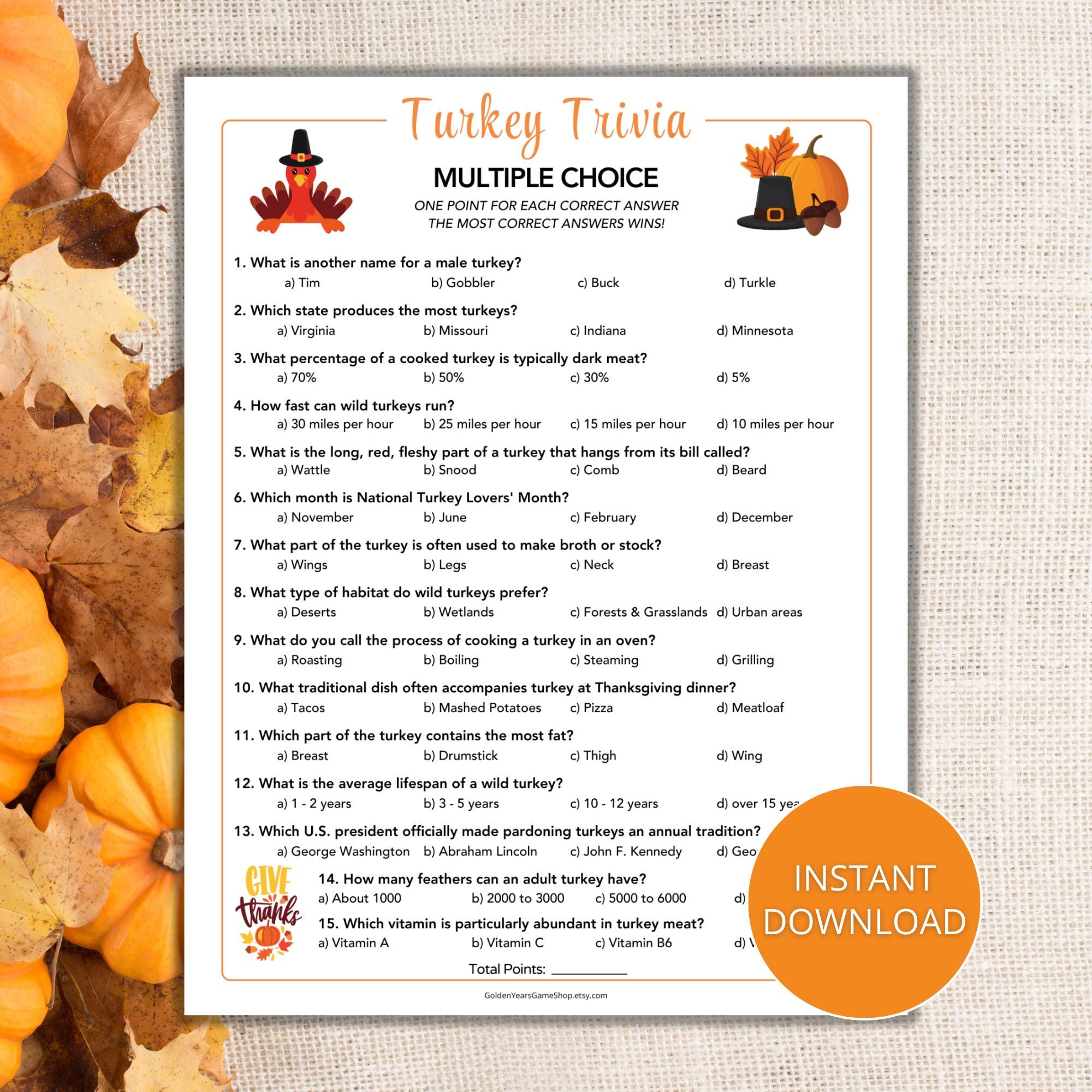 Turkey Trivia Game, Thanksgiving Game, Team Building Game ...