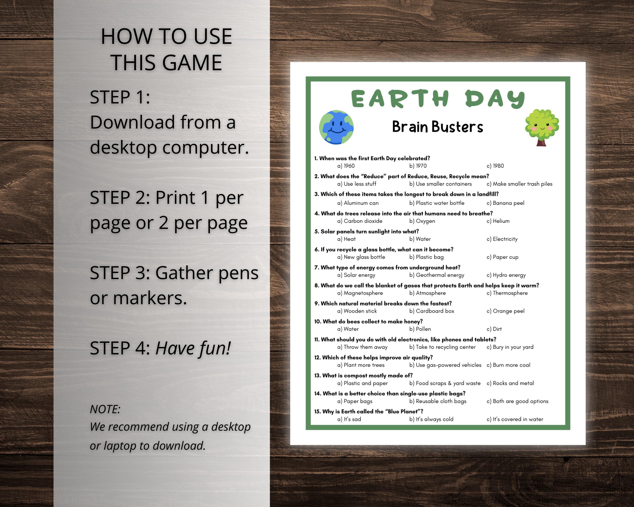 Earth Day Trivia Game Printable, Earth Day Activities for Kids, Earth ...