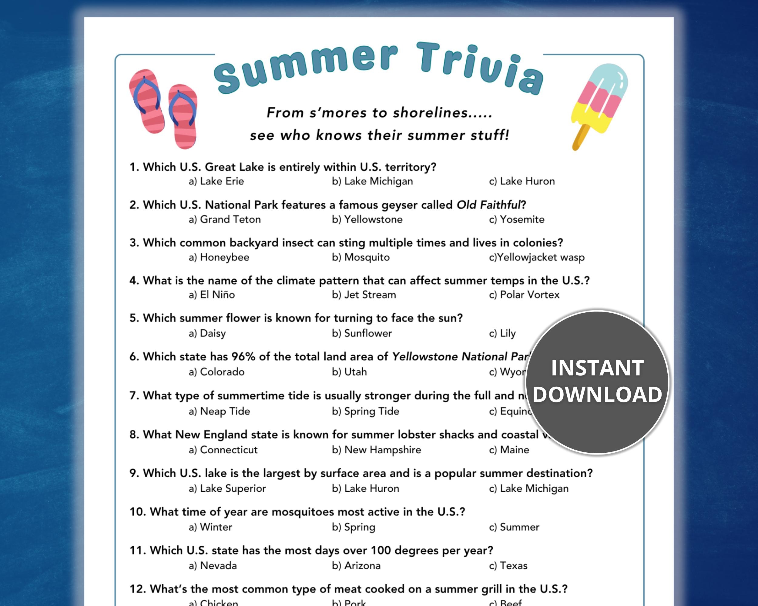 Summer Trivia Game, Summertime Trivia Questions, 4th of July Game ...
