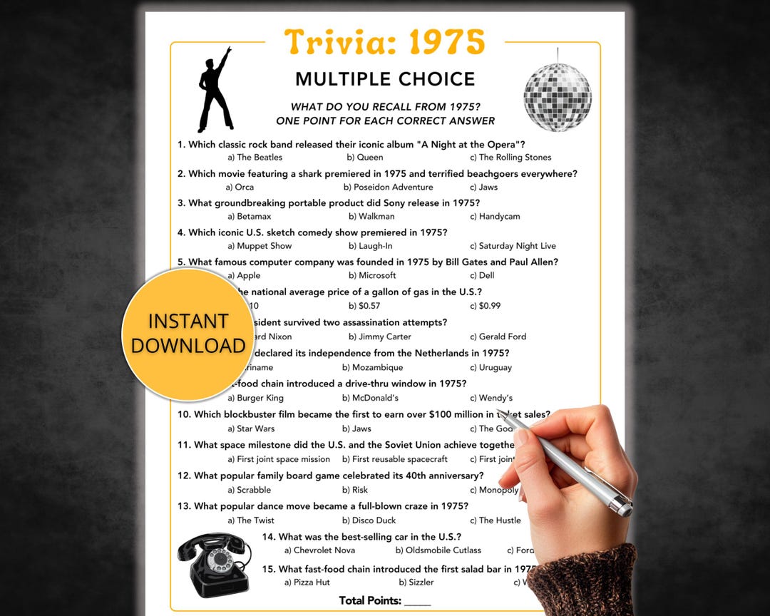 1975 Trivia Game, Born in 1975, 50 Year Reunion Game, 50th Birthday ...