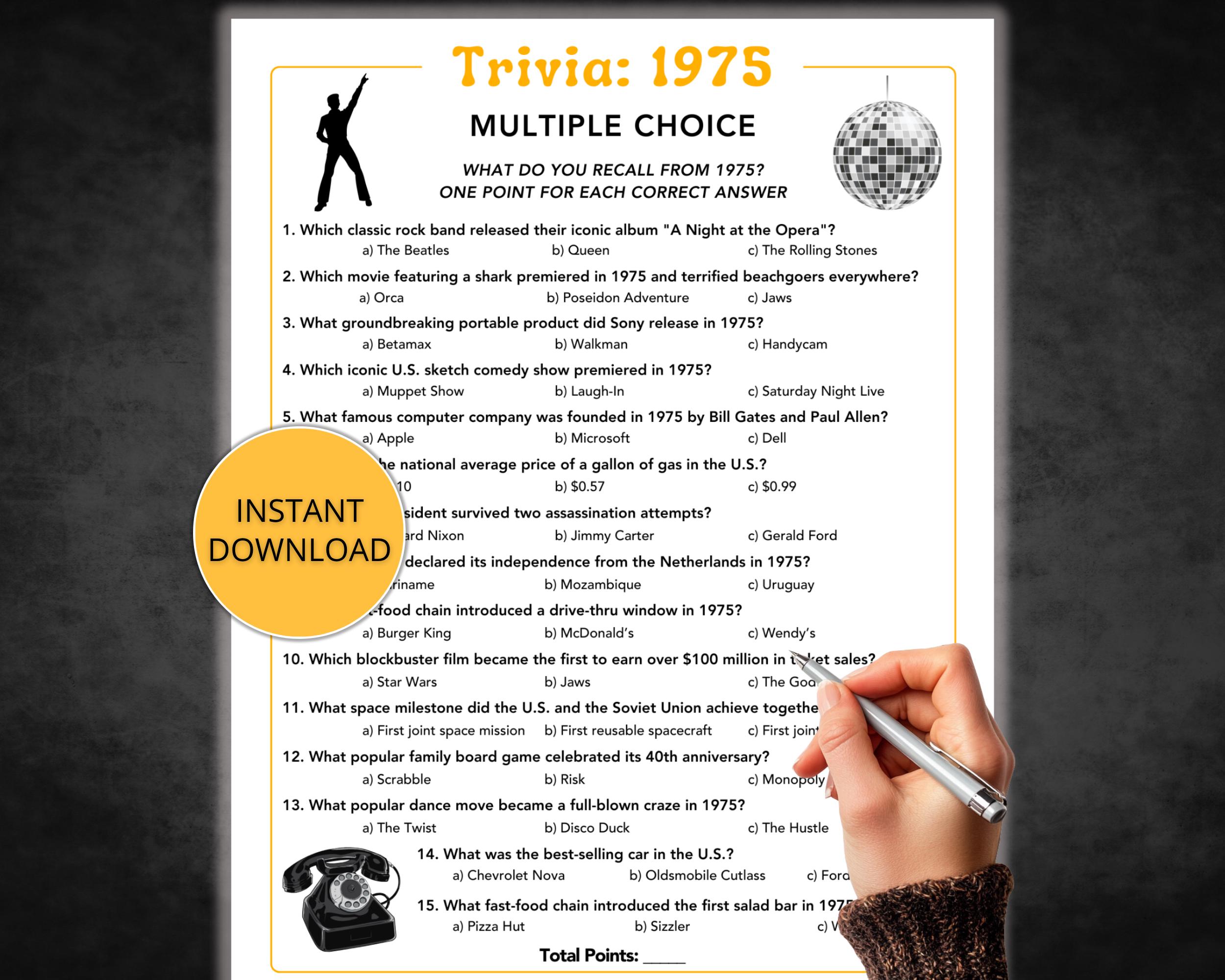 1975 Trivia Game, Born in 1975, 50 Year Reunion Game, 50th Birthday ...