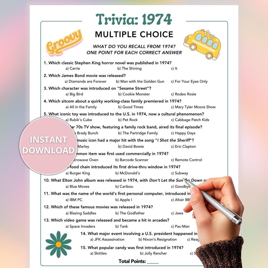 1974 Trivia Game, Born in 1974, 50 Year Reunion Game, 50th Birthday ...