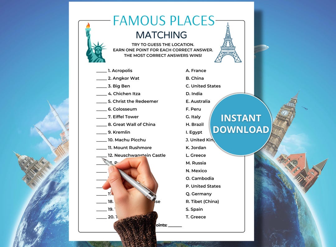 Famous Places Matching Game, Geography Trivia, Games for Seniors ...