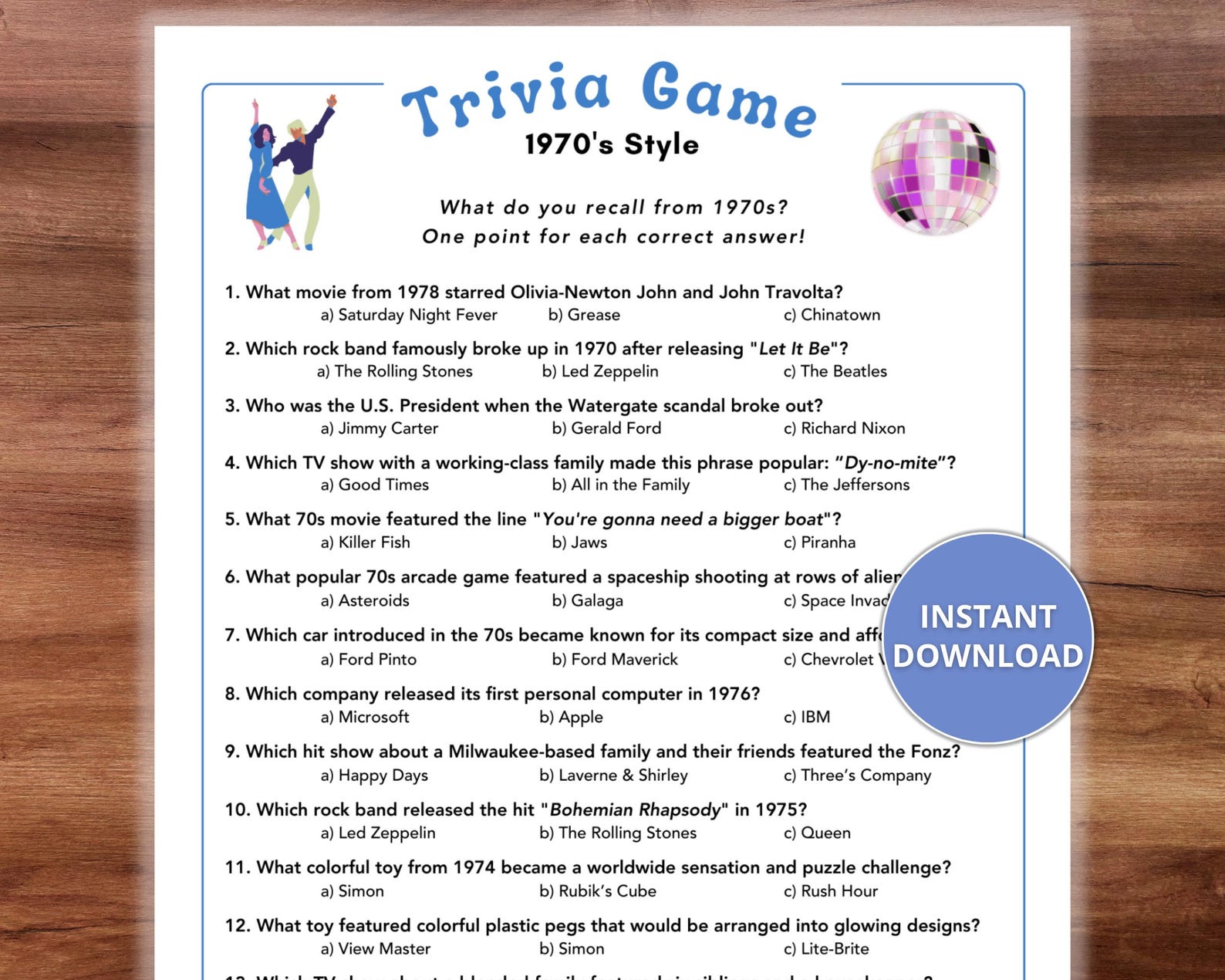 1970s Trivia Game, Class Reunion Game, 50th Birthday Game, 1970s Trivia ...