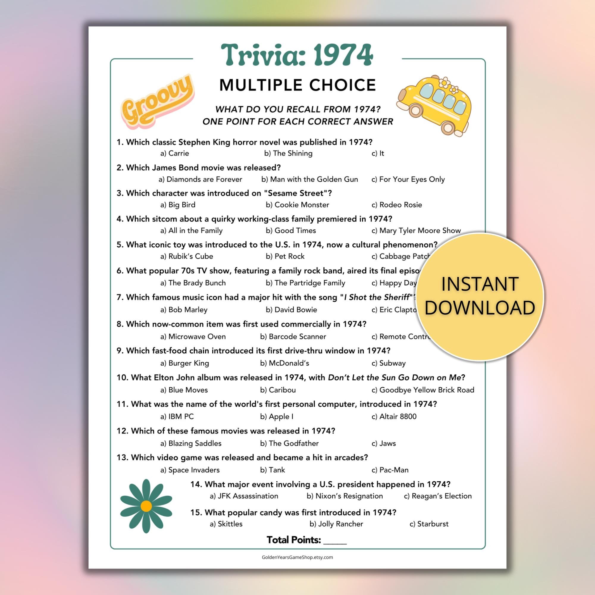 1974 Trivia Game, Born in 1974, 50 Year Reunion Game, 50th Birthday ...