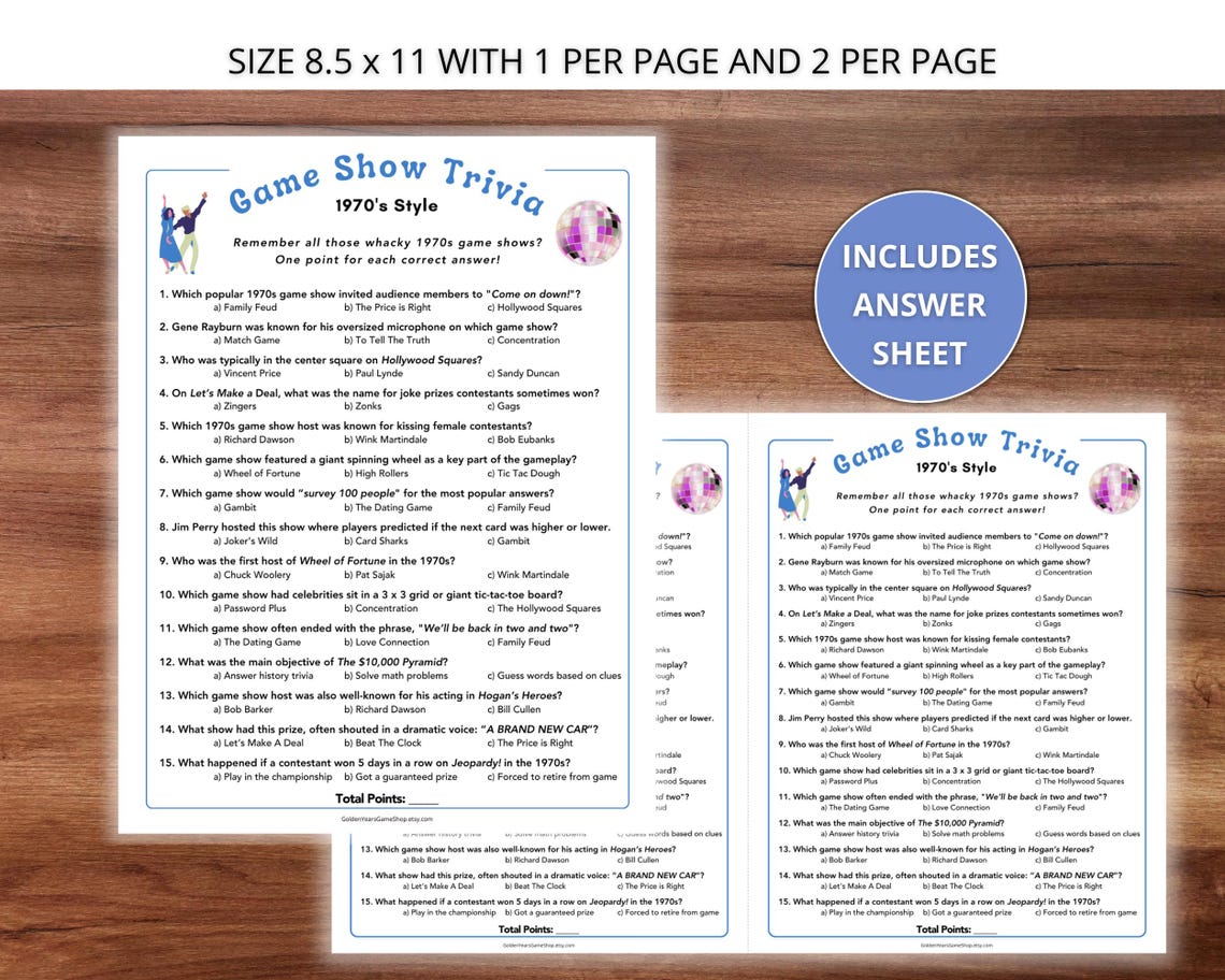 1970s Game Show Trivia Game, 1970s Trivia, 50 Year Reunion Game, Back ...