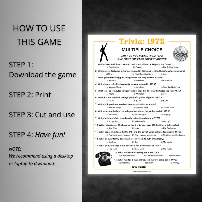 1975 Trivia Game, Born in 1975, 50 Year Reunion Game, 50th Birthday ...