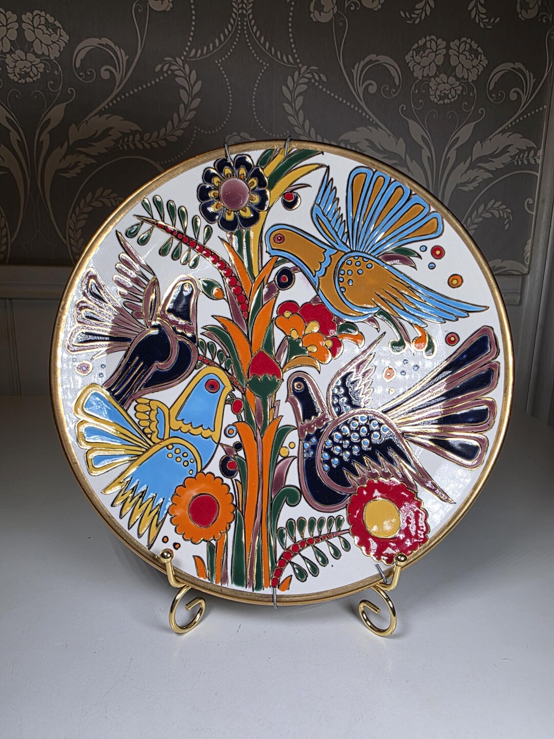 Vintage Parperis Ceramic Peaceful Doves World Peace Colorful Flowers ...